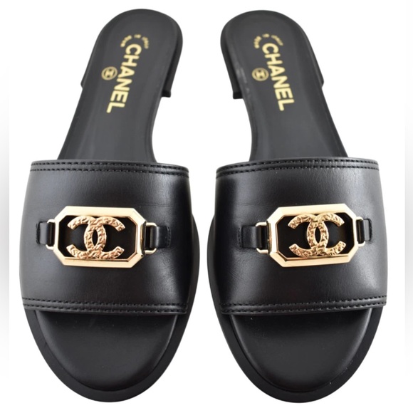 CHANEL | Shoes | Chanel 23b Black Shiny Calfskin Leather Gold Cc Logo ...